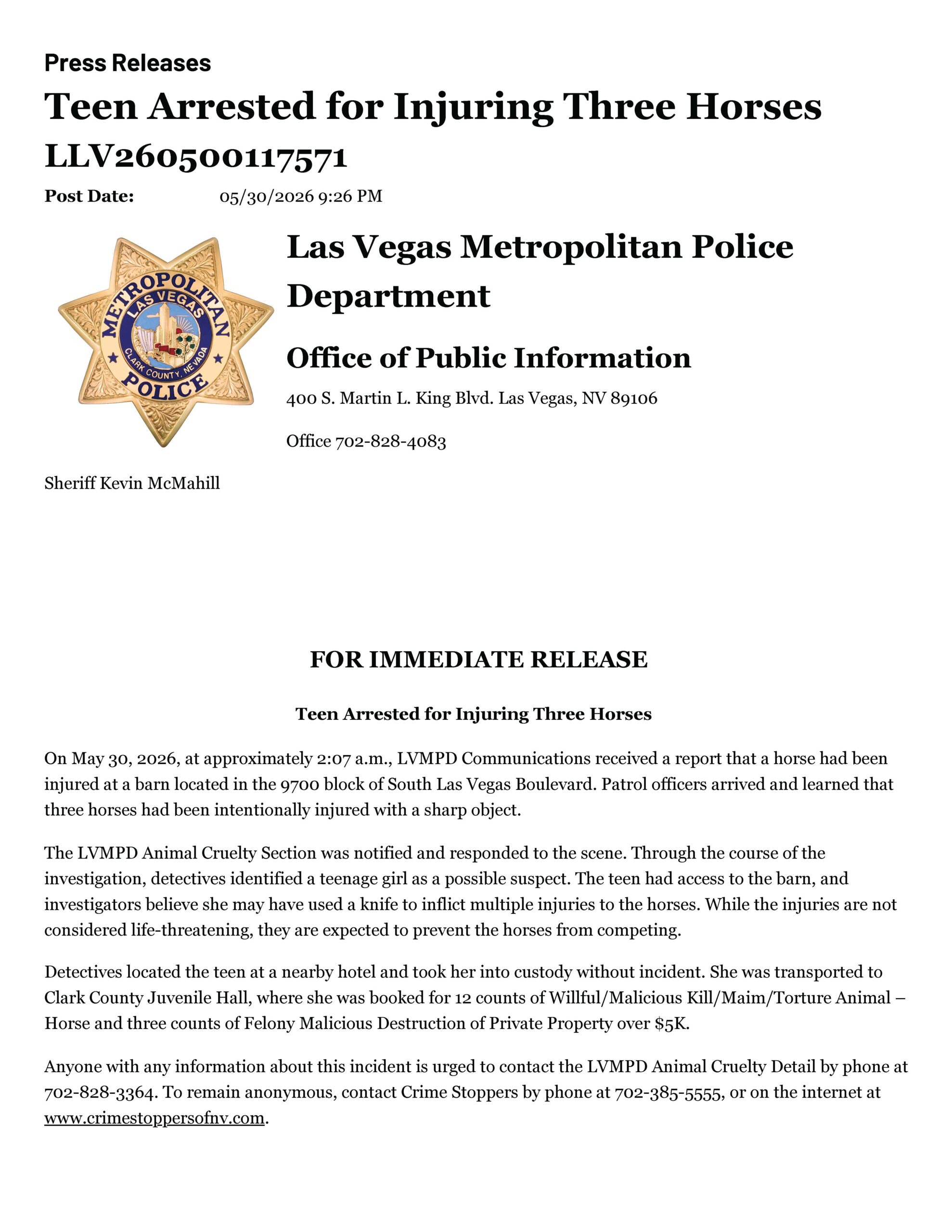 TEEN ARREST ON 12 COUNTS OF WILLFUL/MALICIOUS KILL/MAIM/TORTURE ANIMAL ...